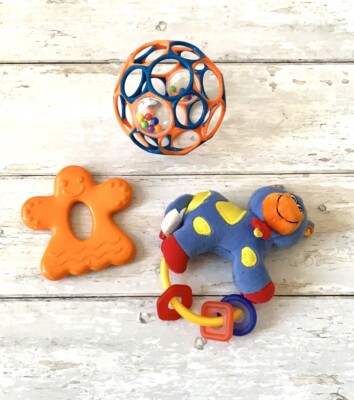 Bright Starts Oball Rattle Ball Silicone Teething Teether Orange Baby ...