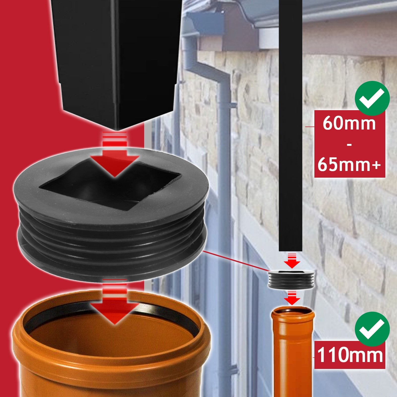 Rainwater Pipe Adaptor 110mm 65mm Square 68mm Round Soil Waste Drain ...