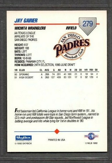 1992 Skybox #279 Jay Gainer Wichita Wranglers Baseball Signed Autograph ...