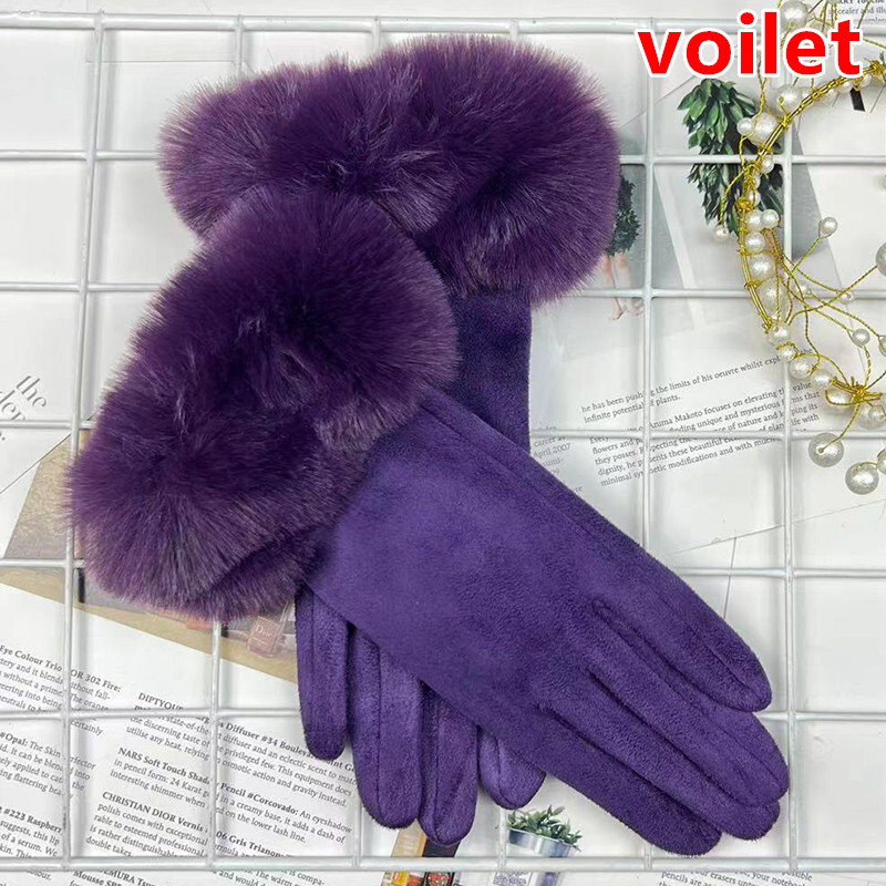 Women Outdoor Faux Suede Fur Touch Screen Gloves Winter Full Finger ...