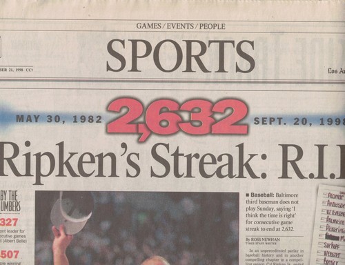 CAL RIPHEN-STREAK R.I.P.-SEPTEMBER 21,1998-LOS ANGELES TIMES INSERT ...