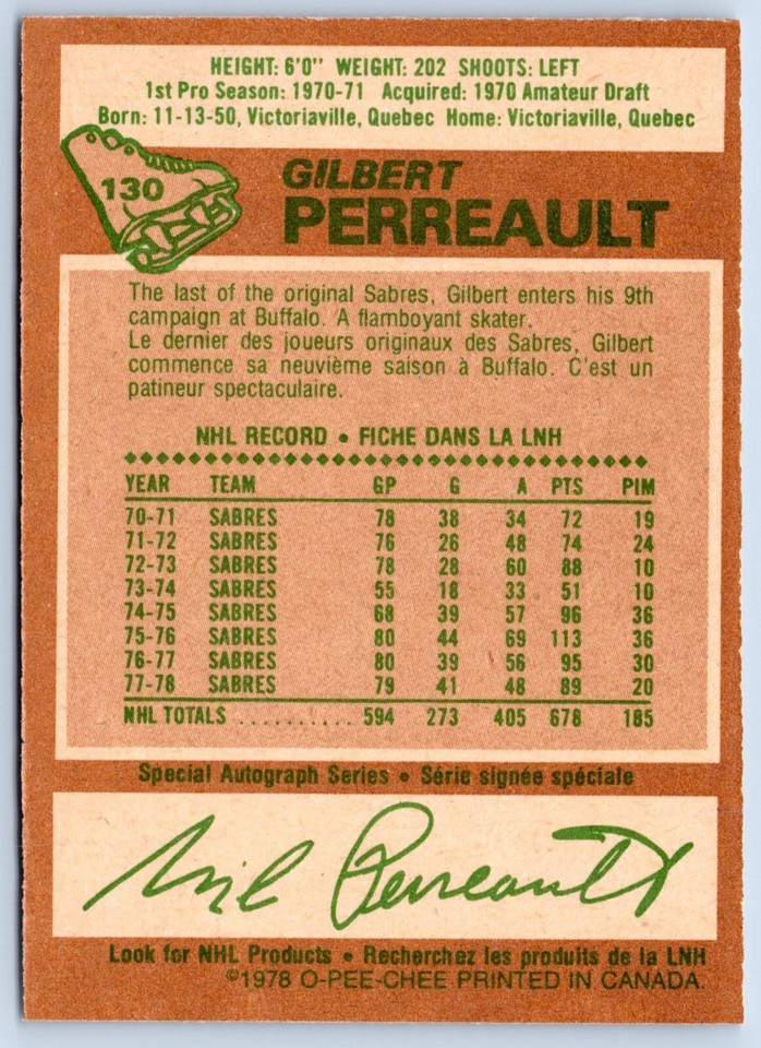 GILBERT PERREAULT 1978-79 O-PEE-CHEE 78-79 NO 130 NRMINT+ 56858 | eBay