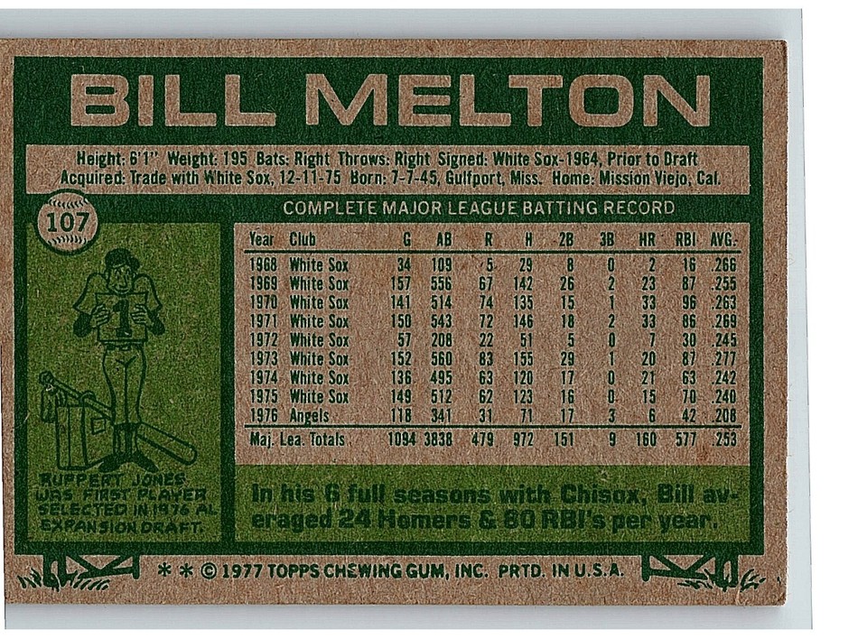 1977 Topps Baseball Card Single - #107 Bill Melton | eBay