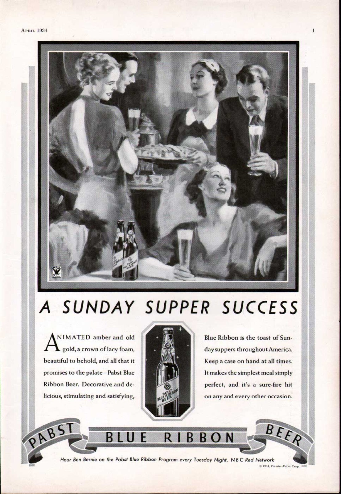 1934 PABST BLUE RIBBON BEER BREWERY PARTY DRINK ALCOHOL BOTTLE GLASS AD ...