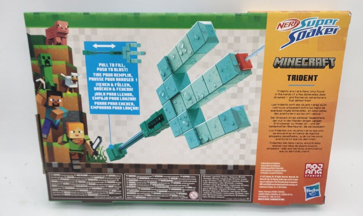 Nerf Super Soaker Minecraft Trident Water Blaster Pull Back Plunger ...
