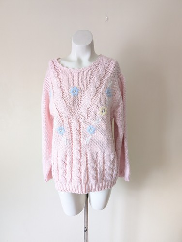Vintage Cottage Core Chunky Knit Sweater M Pastel Pink Flower ...