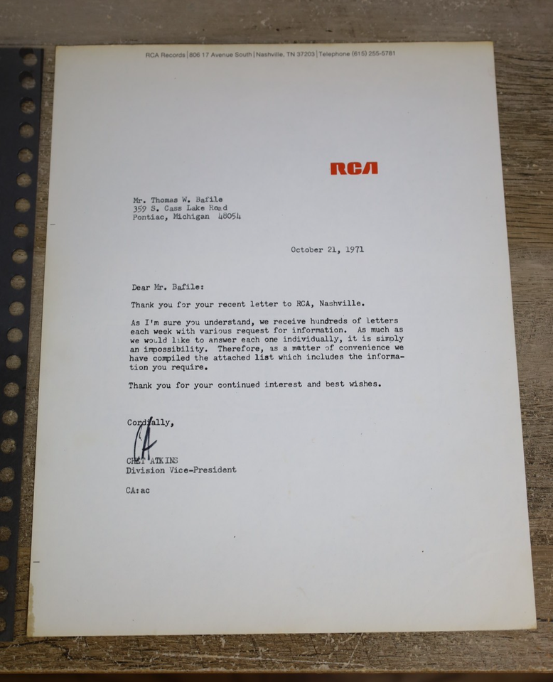 Chet Atkins Signed RCA letter from 1971 & Signed Photo | eBay