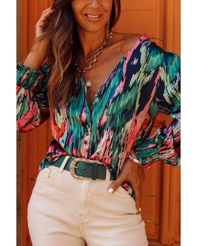 Azura Exchange Green V Neck Abstract Print Long Sleeve Shirt Women | eBay