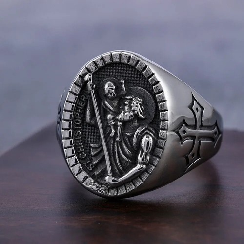 Vintage Personality St. Christopher Cross Stainless Steel Men's Rings ...