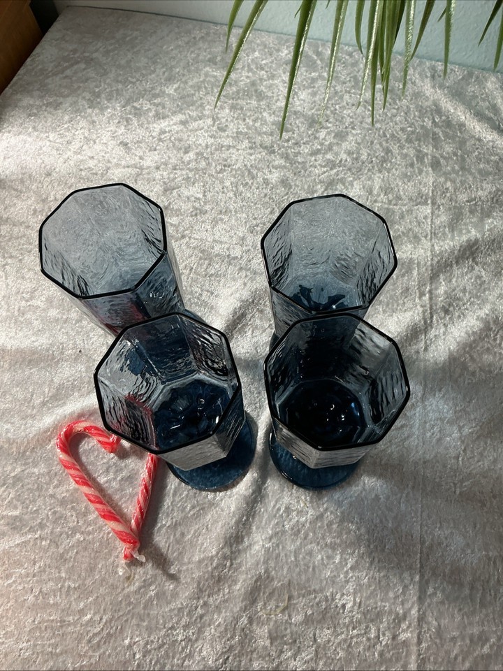 LIBBEY BLUE PANELED OCTAGON STEMMED GOBLETS FACET TEXTURED LOT OF 4 ...