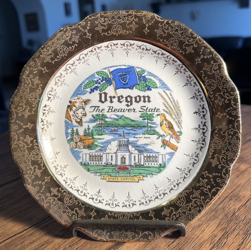 Vintage Oregon The Beaver State Collector Plate Crest-O-Gold 22K Rim 7 ...