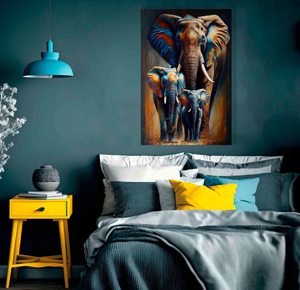 Elephant Family Portrait Colourful Canvas Wall Pictures Abstract Art ...