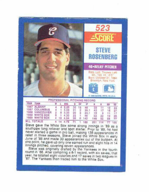 Steve Rosenberg Chicago White Sox #46 RP #523 Score 1990 Baseball Card ...