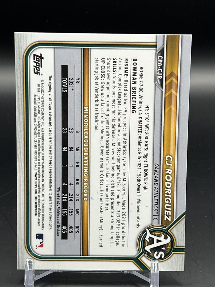 2022 Bowman Chrome CJ Rodriguez 1st Prospect Auto Autograph #CPA-CJR ...