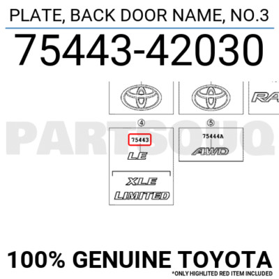 7544342030 Genuine Toyota PLATE, BACK DOOR NAME, NO.3 75443-42030 | eBay