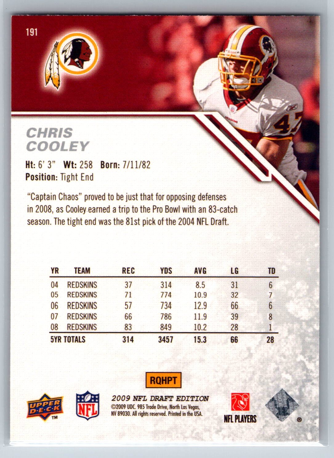 2009 Upper Deck Draft Edition Chris Cooley Washington Redskins #191 | eBay