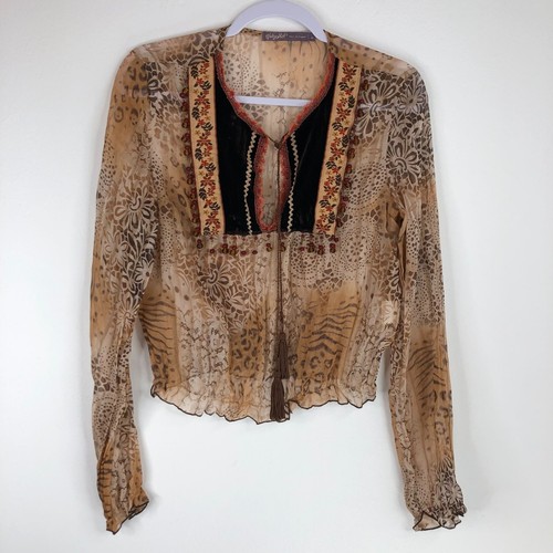 Haley Bob Vintage Sheer Bohemian Blouse Women Large Brown Beaded ...