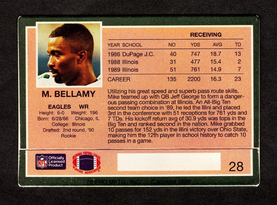 1990 ACTION PACKED RC #28 MIKE BELLAMY - PHILADELPHIA EAGLES - ROOKIE ...