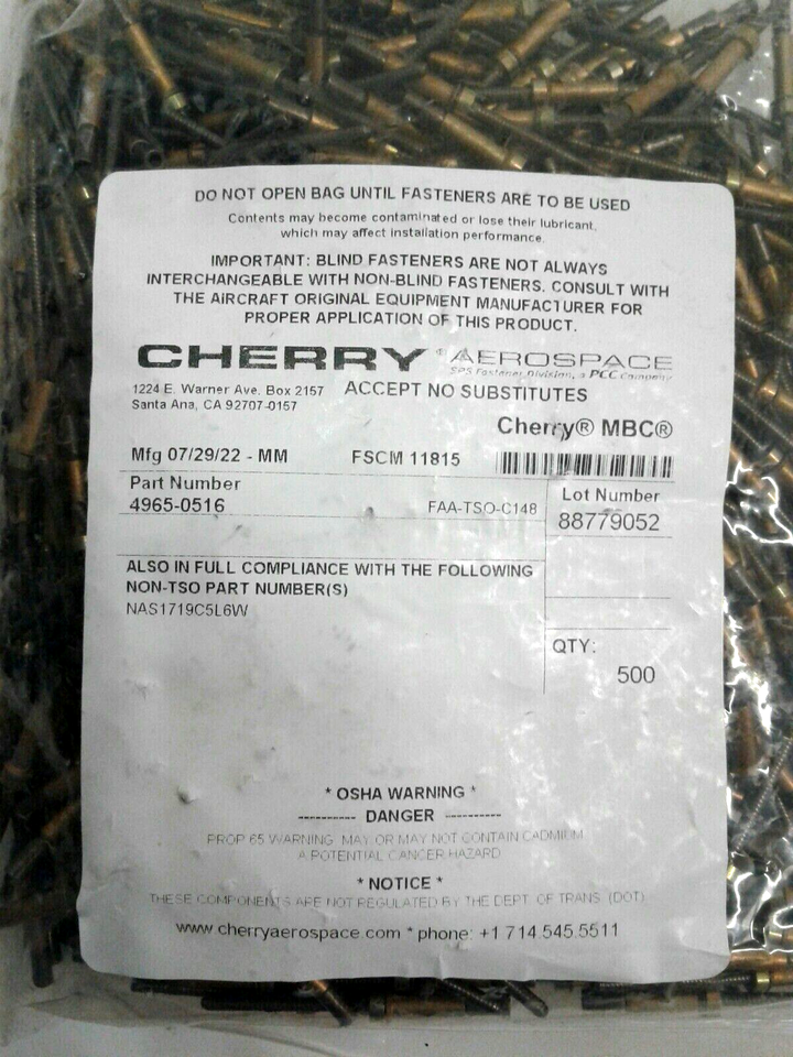 Cherry MBC Aerospace 4965-0516 FAA-TSO-C148 Blind Rivet Fasteners Qty ...