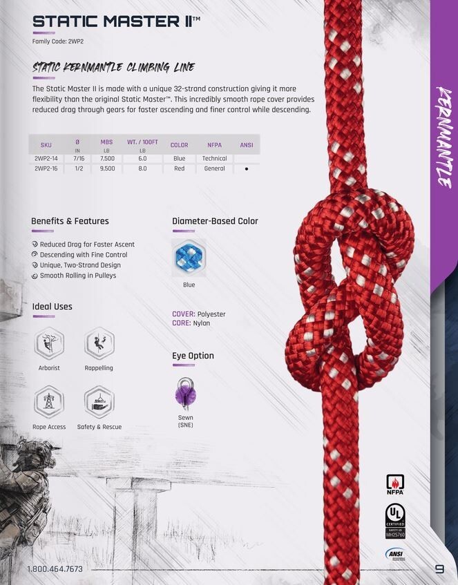 Pelican Rope Static Master II™Static Kernmantle Rappelling Rope- 1/2" x ...