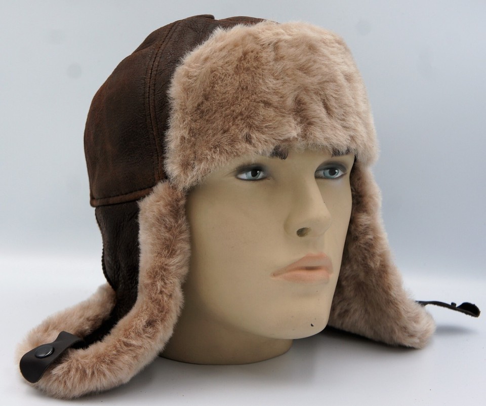 100% Sheepskin Shearling Leather Hat Trapper Ushanka Hunting M-3XL ...
