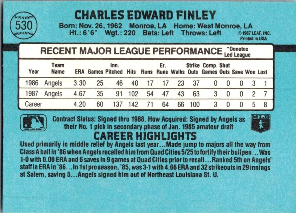 Chuck Finley Donruss 1987 Baseball Card Number 530 Los Angeles Angels ...