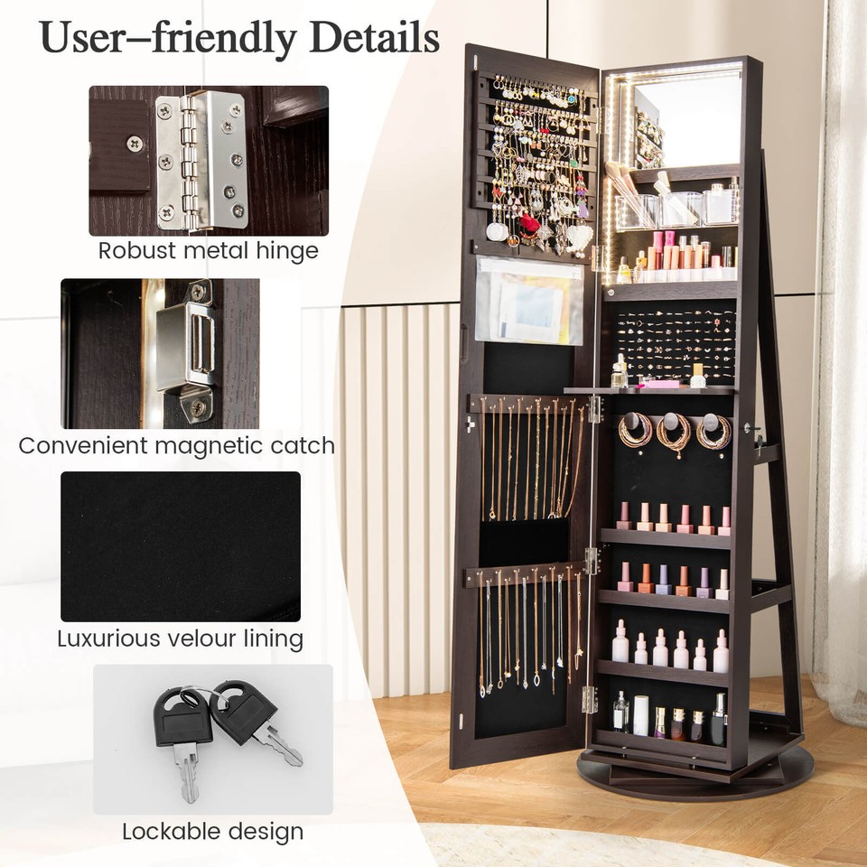 360° Rotating Mirrored Jewelry Cabinet Armoire 3 Color LED Modes ...