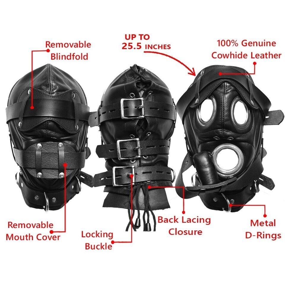 Bondage Hood Leather Headgear Mask with Removable Mouth Gag, Blindfold ...