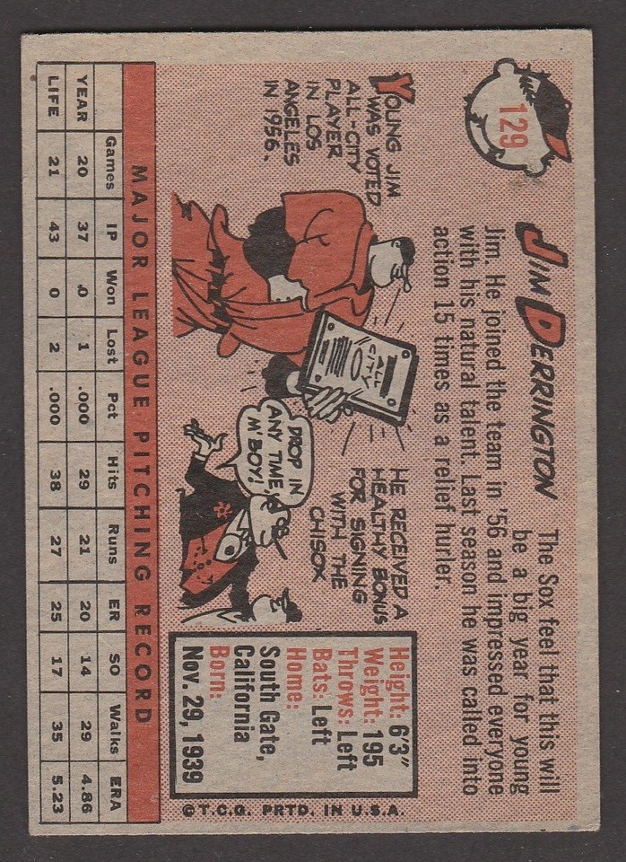 1958 TOPPS BASEBALL # 129 JIM DERRINGTON RC INV J1857 | eBay