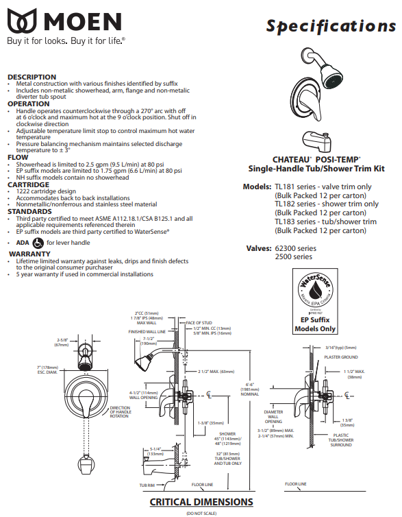 MOEN TL183 TUB AND SHOWER KIT FOR POSI TEMP VALVE | eBay