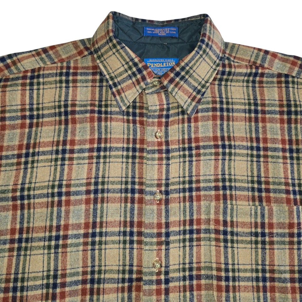 PENDLETON XL Brown Navy Blue Rust Green Plaid Virgin Wool Lodge Shirt | eBay