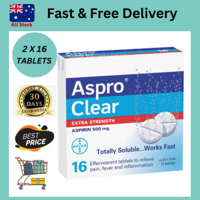 2 x Aspro Clear Extra Strength 16 Soluble Effervescent Tablets 500mg ...