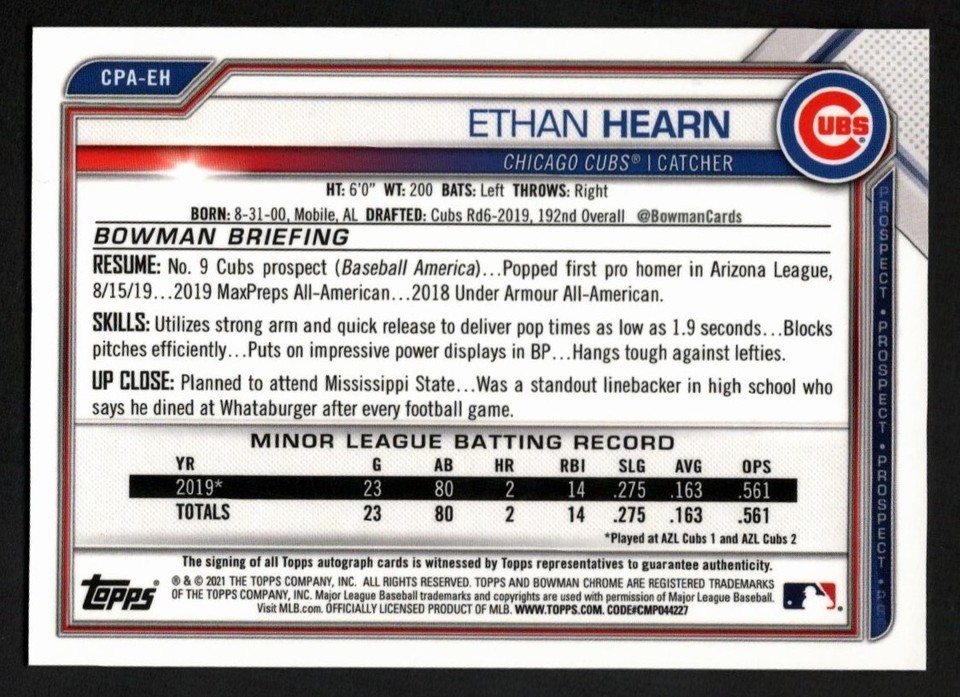 Ethan Hearn 2021 Bowman Chrome 1st Year Prospect Autograph Auto Chicago ...