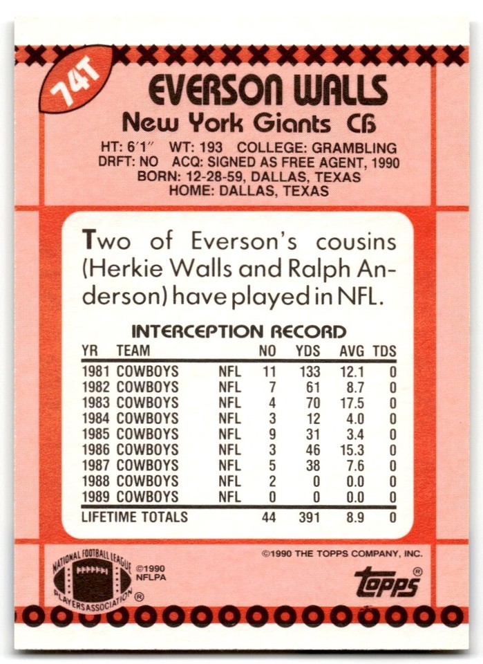 1990 Topps Traded Everson Walls New York Giants #74T | eBay