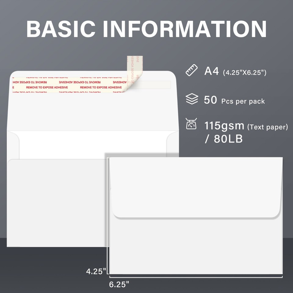 300 Bright White Invitation Paper Envelope A4 4.25x6.25 Self Seal 4x6 ...