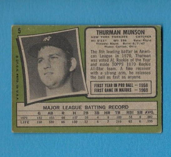 1971 Topps Thurman Munson All-Star Rookie Gold Cup Card, Well Centered ...
