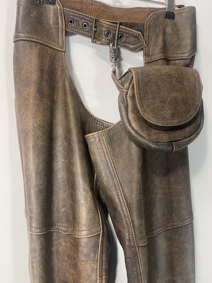 Women’s Brown Leather Motorcycle Chaps w/ Detachable Pocket Utility ...