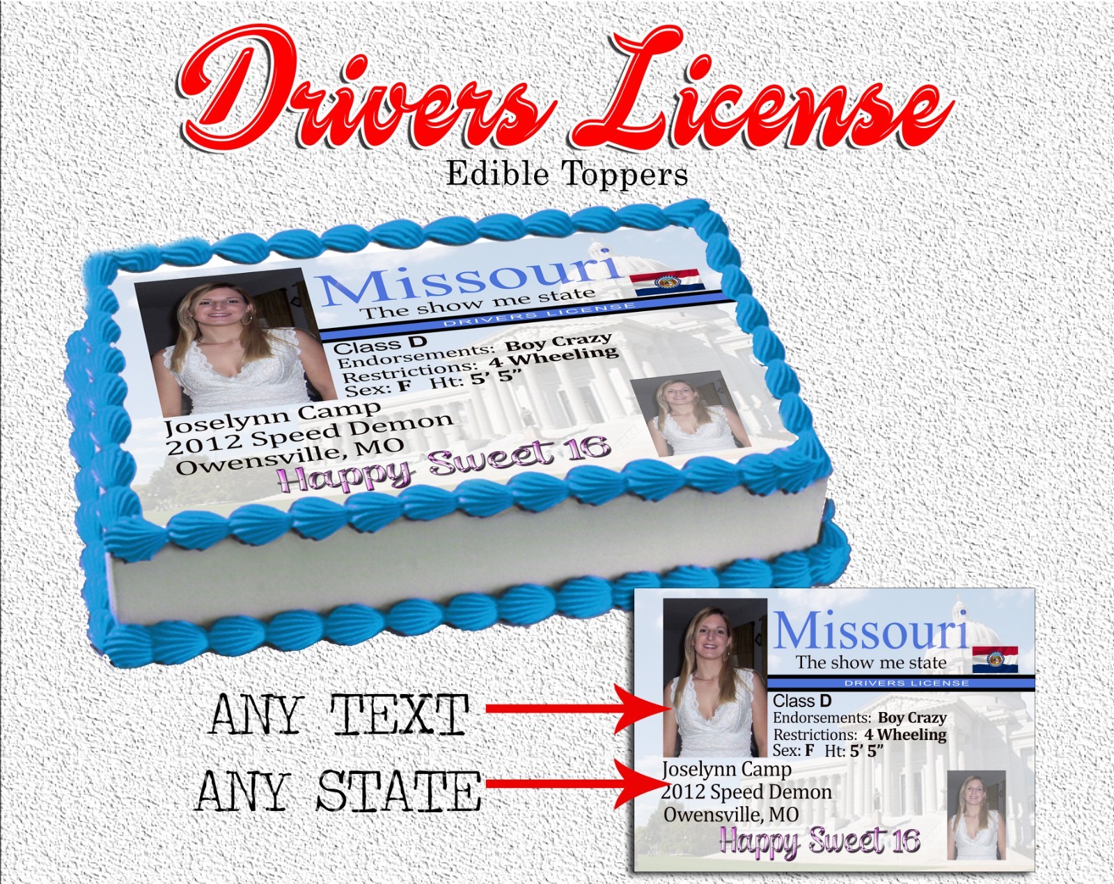 Drivers license Sweet sixteen Birthday Cake topper Edible paper sugar ...