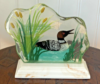 VINTAGE Engraved Decorative LOON Glass On Marble Stand Paper Weight ...