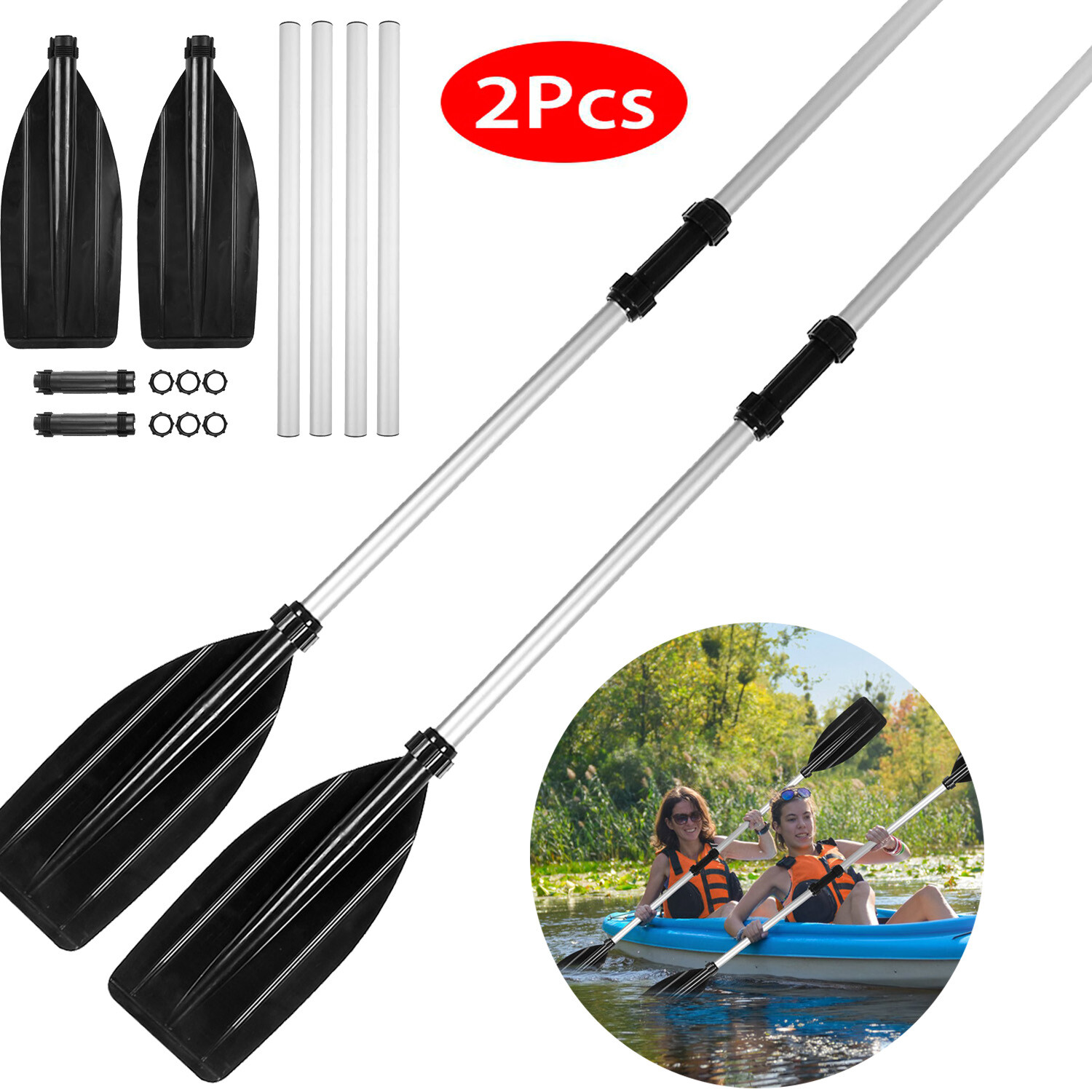 2PCS Double-Ended Kayak Paddles Aluminum Alloy Detachable Canoe Paddle ...
