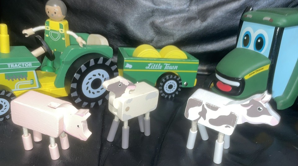 JOHN DEERE PUSH AND ROLL JOHNNY TRACTOR WITH LITTLE TOWN WOODEN TRACTOR ...