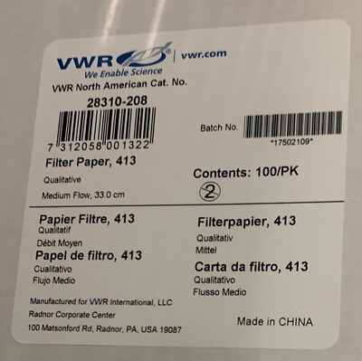 VWR NORTH AMERICA 28310-208 100 FILTER PAPER 413 QUALITATIVE MEDIUM ...
