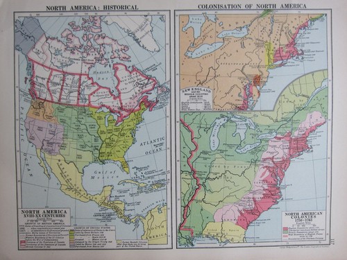 1935 MAP ~ NORTH AMERICA HISTORICAL COLONISATION NEW ENGLAND BRITISH ...