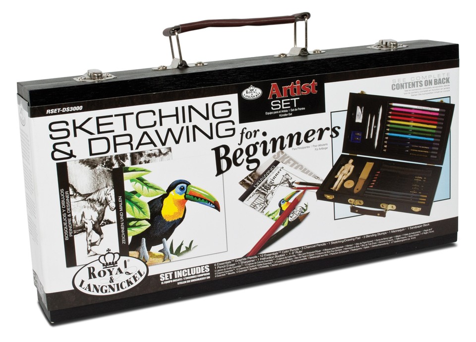 Sketching & Drawing Beginners Wooden Box Set Artist Pad Pencils Manikin ...