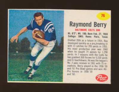 1962 Post Cereal FOOTBALL -#76 RAYMOND BERRY (Baltimore Colts) *HOF* | eBay