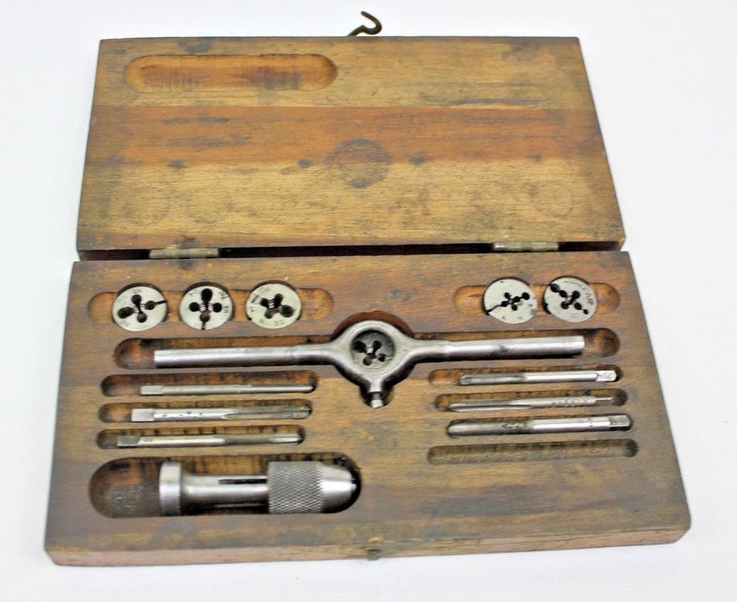 Lakeside TAP & DIE Screw plate SET NC & NS ANTIQUE VINTAGE Wooden Case ...