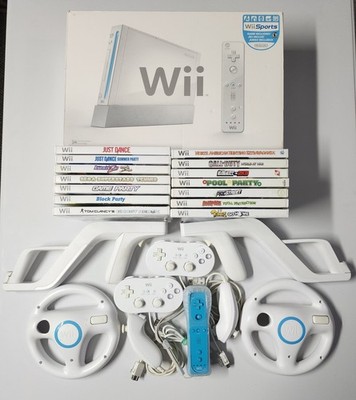 Nintendo Wii Console Bundle Box 14+1 Games 2 Zapper Wheel Joystick ...