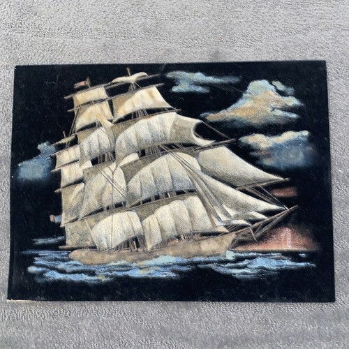 Vintage BLACK VELVET PAINTING Clipper Ship wall art mid century modern ...
