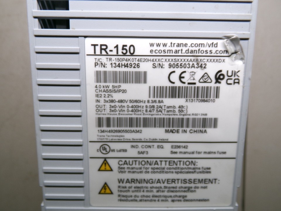 TRANE TR-150 MODEL: P4K0 DRIVE CONTROL UNIT 5.0HP/3.7KW, P/N: 134H4926 ...