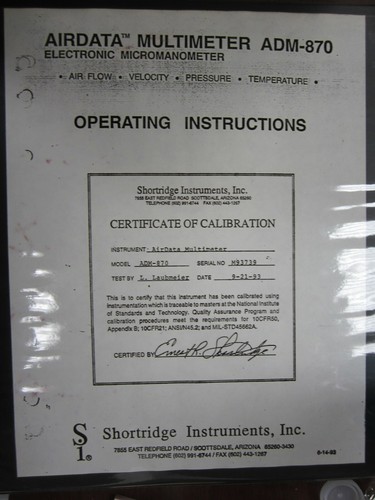 Shortridge Airdata Multimeter ADM-870 Operating Instruction Manual | eBay